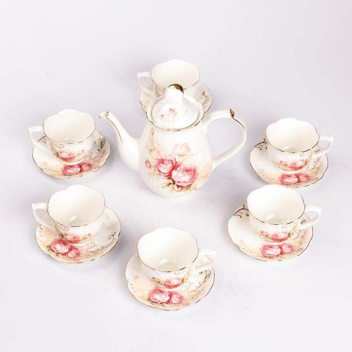 Queens 14pcs Premium Porcelain Tea Set with Glass Revolving Base ...