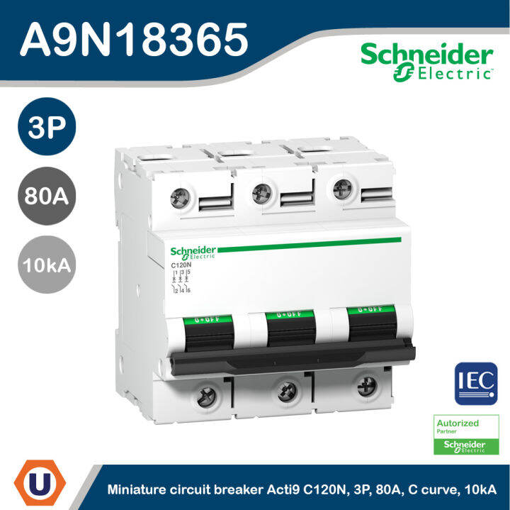 Schneider Miniature circuit breaker (MCB), Acti9 C120N, 3P, 80A, C curve, 10kA (IEC/EN 60898-1 ...
