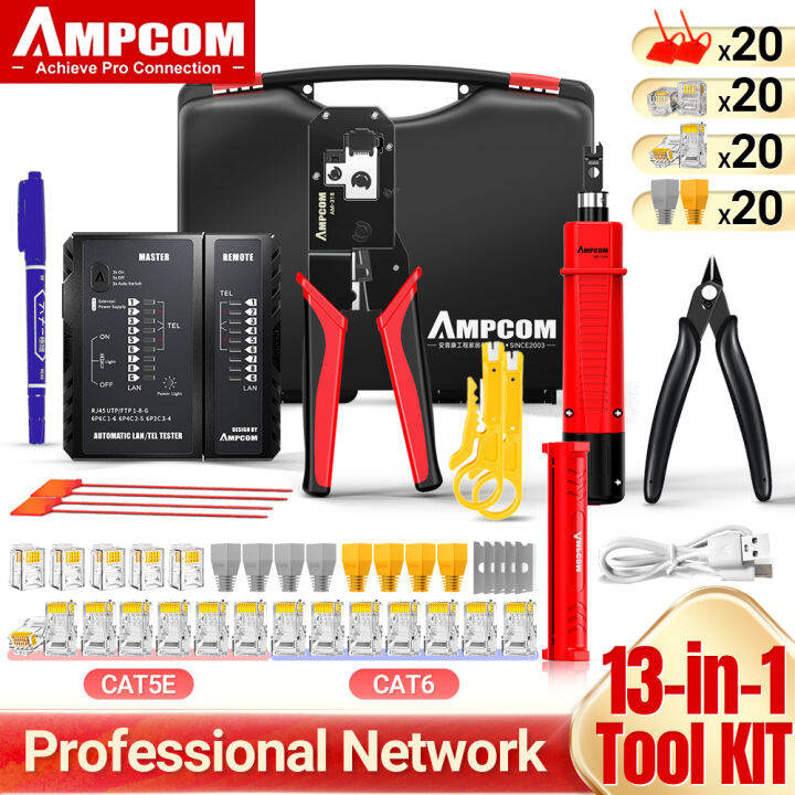 AMPCOM RJ45 Crimper Lan Tester Tool Set Ethernet Cable Stripper Punch ...