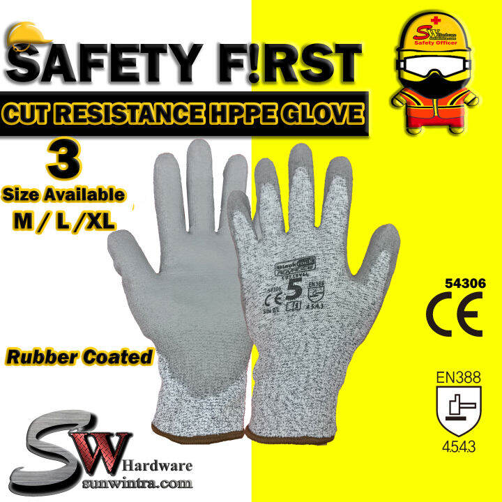 SW Hardware Heavy Duty Cut Resistance CUT 5 PU COATED HPPE GLOVE Safety Hand Glove M / L Size ...