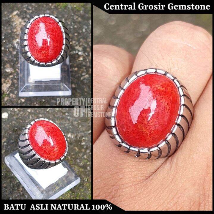 Cincin Batu Marjan Asli Natural Red Coral Akik Ring Titanium Pria ...