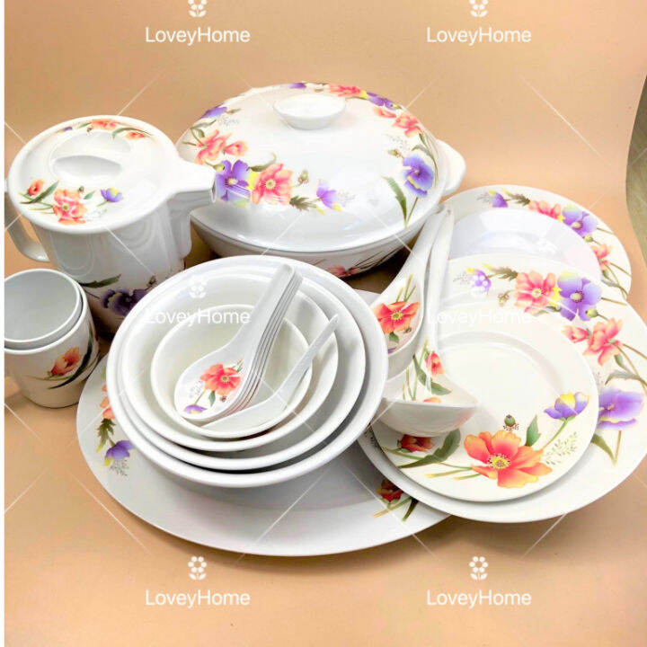 Melamine Hibiscus Dinner Set Plate Bowl Spoon Cup Jug Pinggan Mangkuk ...