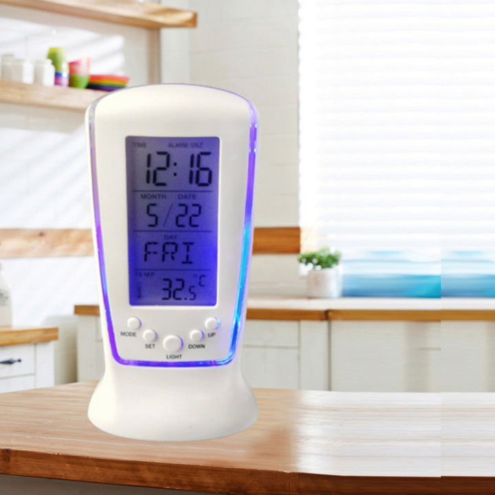 มัลติฟังก์ชั่ปฏิทินอุณหภูมินาฬิกาปลุกดิจิตอลที่มีแสงพื้นหลังสีฟ้าปฏิทิน ...