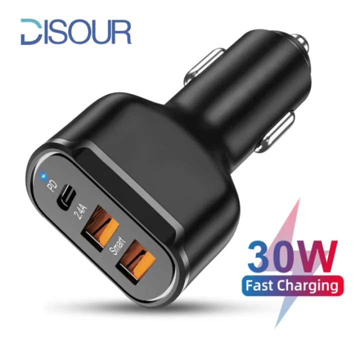 ยกเลิก30W QC 3.0ที่ชาร์จแบตในรถ3 In 1 2.4A,ที่ชาร์จแบบเร็ว USB คู่ + PD พอร์ตที่ชาร์จเร็วสำหรับ ...