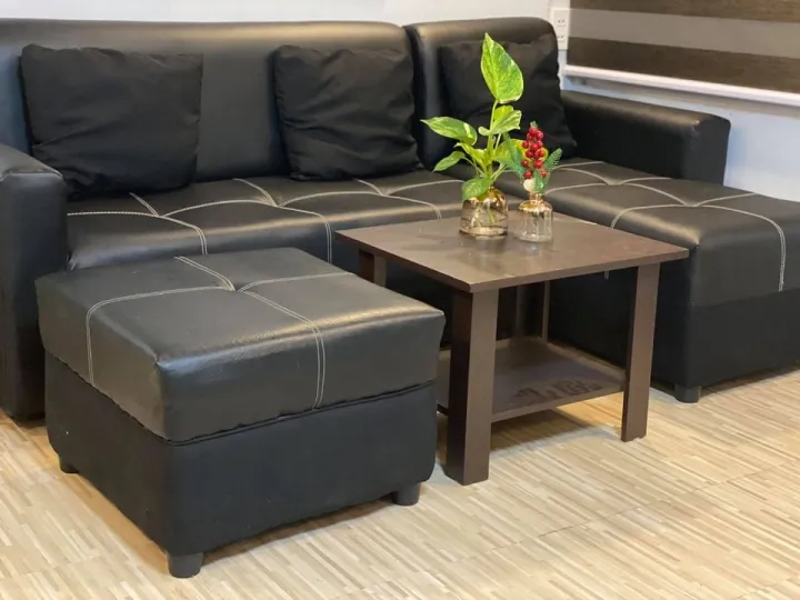 sala set lshape black leather with center table | Lazada PH