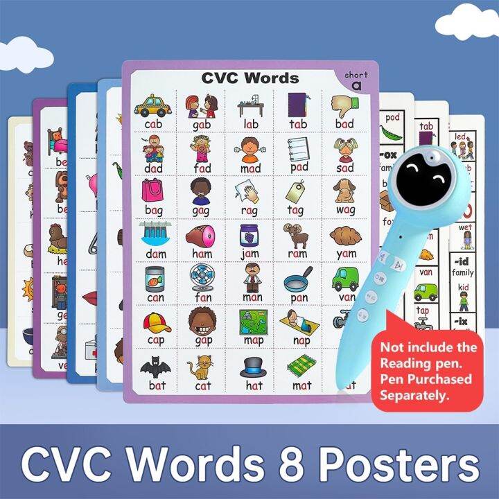 8Pcs CVC Phonics Words Poster Language Arts Skills Charts for Kids ...