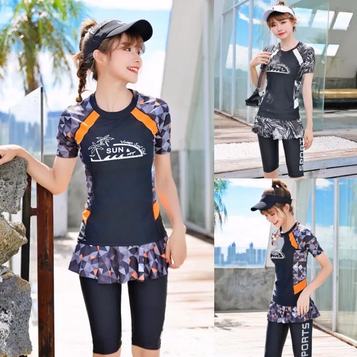 🏝SexyBeach (M-3XL) SB193 มี2สี ชุดว่ายน้ำแขนสั้น กางเกงกระโปรงสามส่วน บ ...