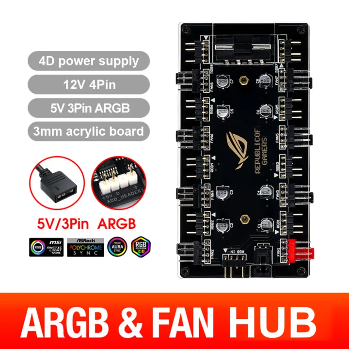 5V3 Pin ARGB 4 Pin Fan PWM HUB 1 To 8 Multi Way Splitter for PC Motherboard LED Strip Light ...
