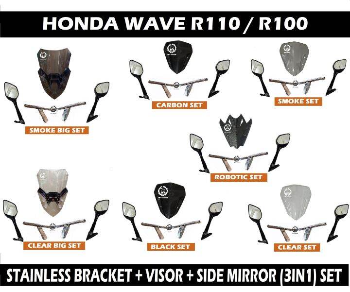 Stainless Heavy Duty Bracket + Side Mirror + Visor (3in1) - HONDA WAVE ...