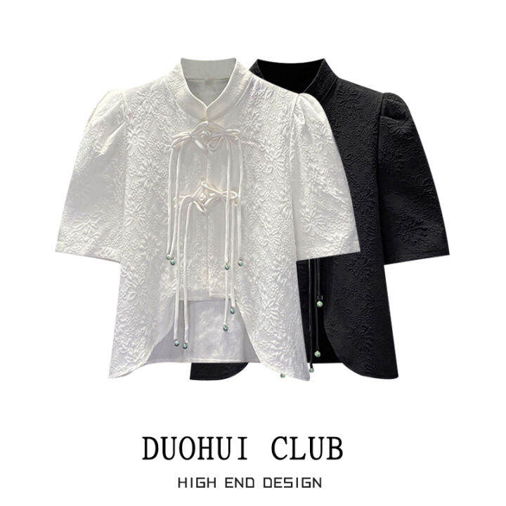 DUOHUI เสื้อเชิ้ตแขนสั้นสีทึบลำลองดีไซน์สไตล์จีน,เสื้อกี่เพ้าแหวกแนว ...