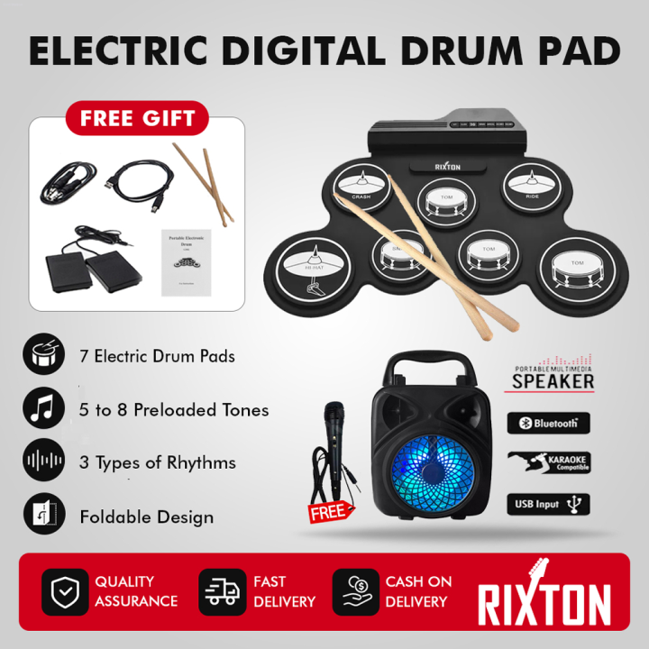 Rixton Portable Electric Drum Pad Digital Drum Silicone With Drumsticks ...
