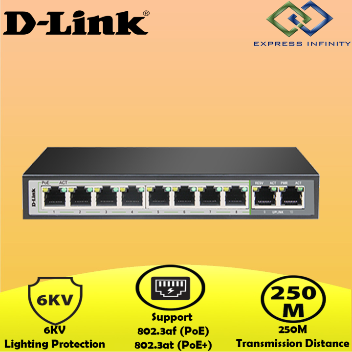 D-Link DGS-F1010P-E 250M 10-Port 1000Mbps Switch with 8 PoE Ports and 2 ...