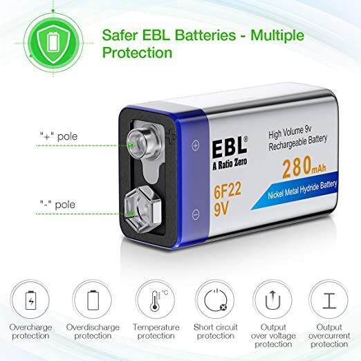 EBL 9V Rechargeable Batteries NiMH Everyday 280mAh 9V Battery for Smoke ... EBL 9V Rechargeable Batteries NiMH Everyday 280mAh 9V Battery for Smoke ...