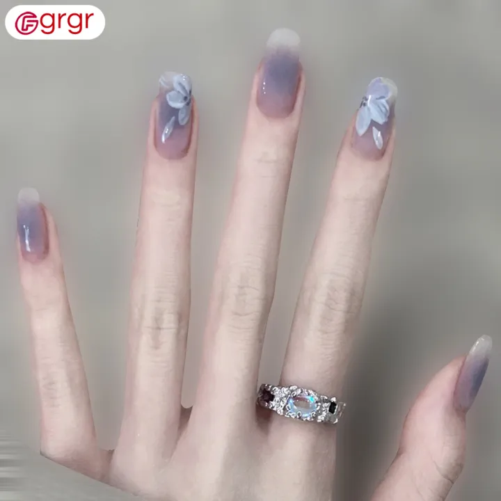 Fgrgr 24PCS Long False Nail Light Blue Gradient Lasting Fingernail ...