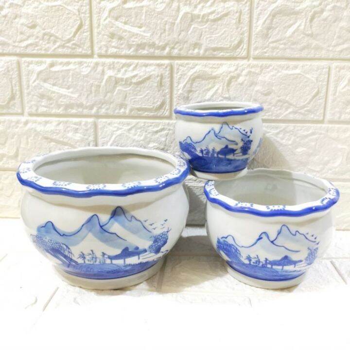 Pot Tanam Model Bulat Pemandangan Keramik Biru Putih/ Pot Tanam Set 3 ...