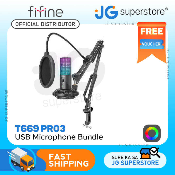 Fifine T669 Pro3 RGB Uni-directional USB Microphone Bundle with Volume Control Knobs and Light ...