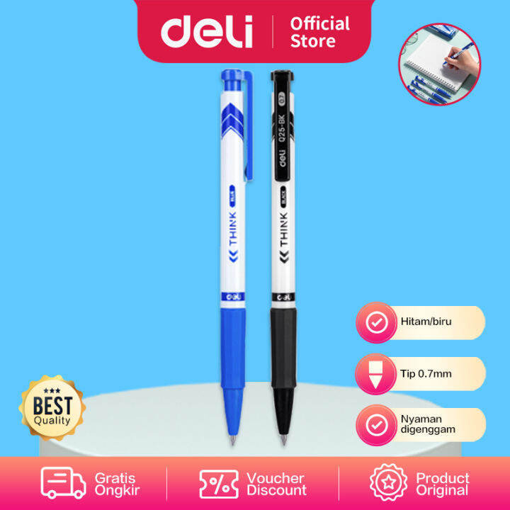Deli Ballpoint Pen / Pulpen 0.7mm Tinta Hitam Biru Penulisan Halus EQ25 ...