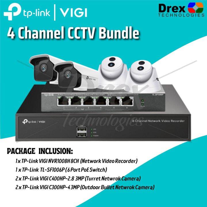 TP-LINK VIGI 4Channel CCTV Bundle With 8Channel NVR, 2pcs 3MP Bullet, 2pcs 3MP Turret & 1pc ...