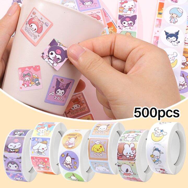 500Pcs/Roll Sanrio Cartoon Sticker DIY Tape Kuromi Pacha Dog Ania Anime ...