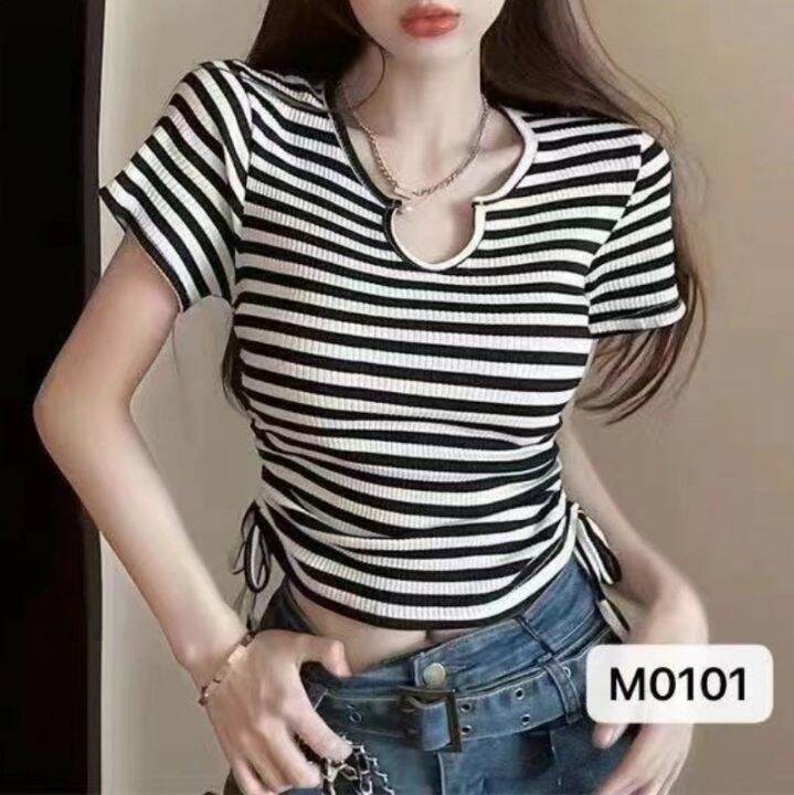 New (พร้อมส่ง/ใหม่)#M0101 เสื้อยืดแขนสั้นผู้หญิง เสื้อไหมพรมคอVผูกเอว ...