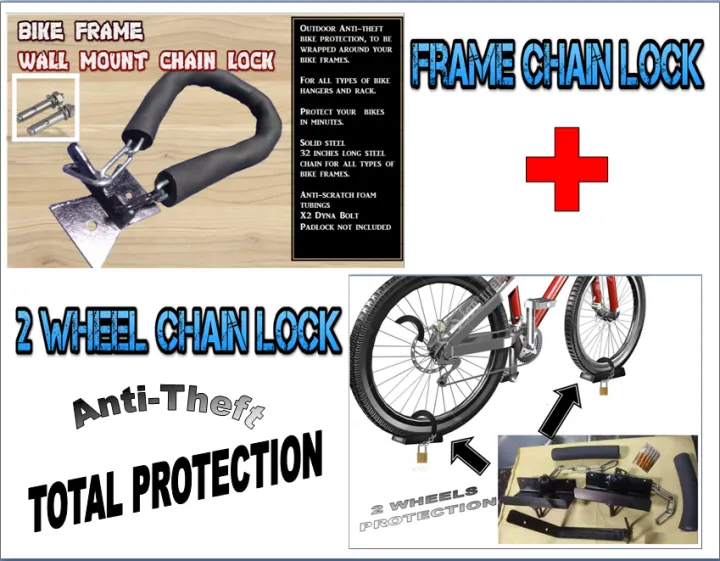 COD Anti Theft Bike frame chain lock + 2 wheel chain lock+ 1 pedal hook ...