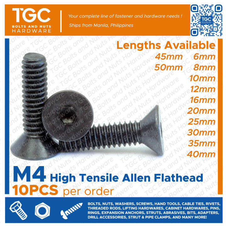 TGC 10PCS M4 ( 4MM ) x 6~50mm Allen Flathead | Socket Countersunk Head ...