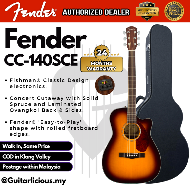 Fender CC-140SCE Concert Electro Acoustic Guitar with Preamp, Sunburst ...