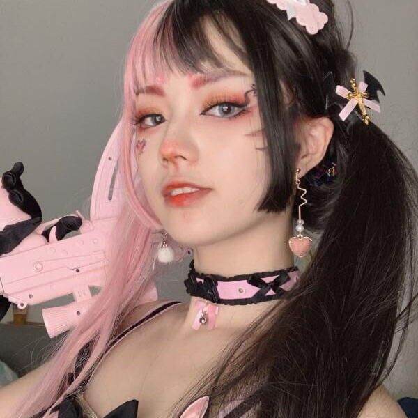 Cosplay Anime Two Color Contrast Wigs Long Straight Black+Pink Black ...