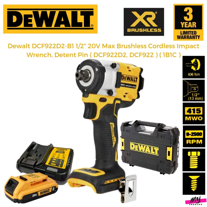 DEWALT DCF922D2-B1 1/2” 20V Max Brushless Cordless Impact Wrench ...