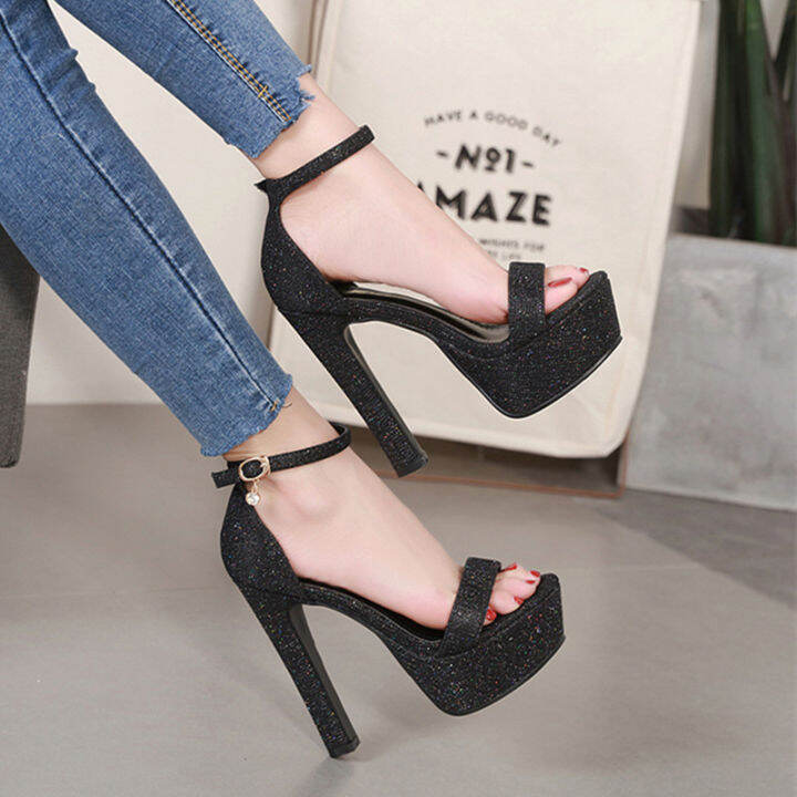 European Womens Simple Ankle Strap Open Toe Chunky Heel High Heel