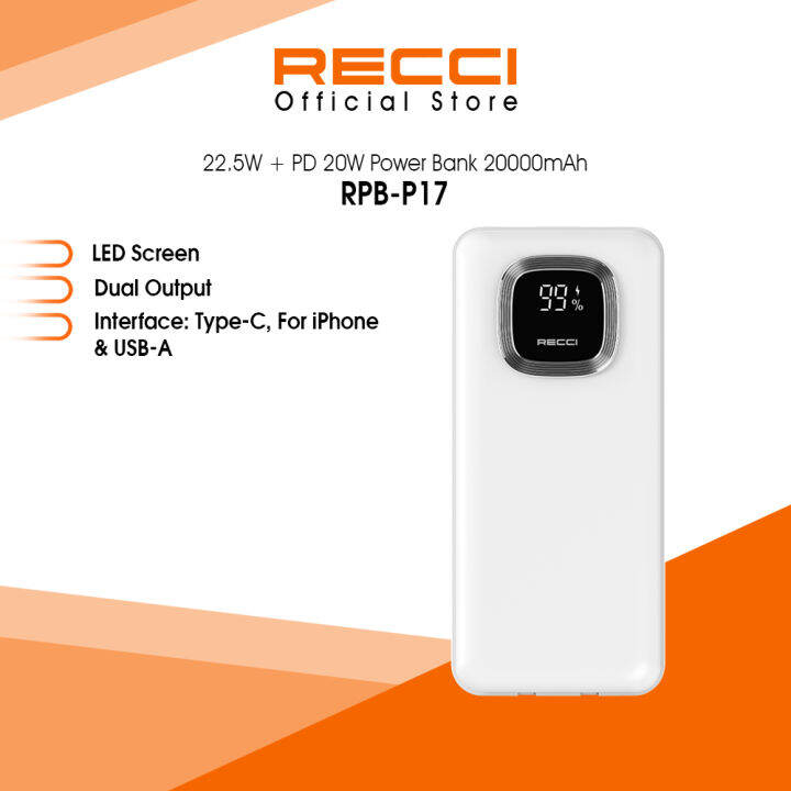 RECCI RPB_P17 22.5W + PD 20W Power Bank 20000mAh (Built-In Type-C + Lightning Cable) | Lazada