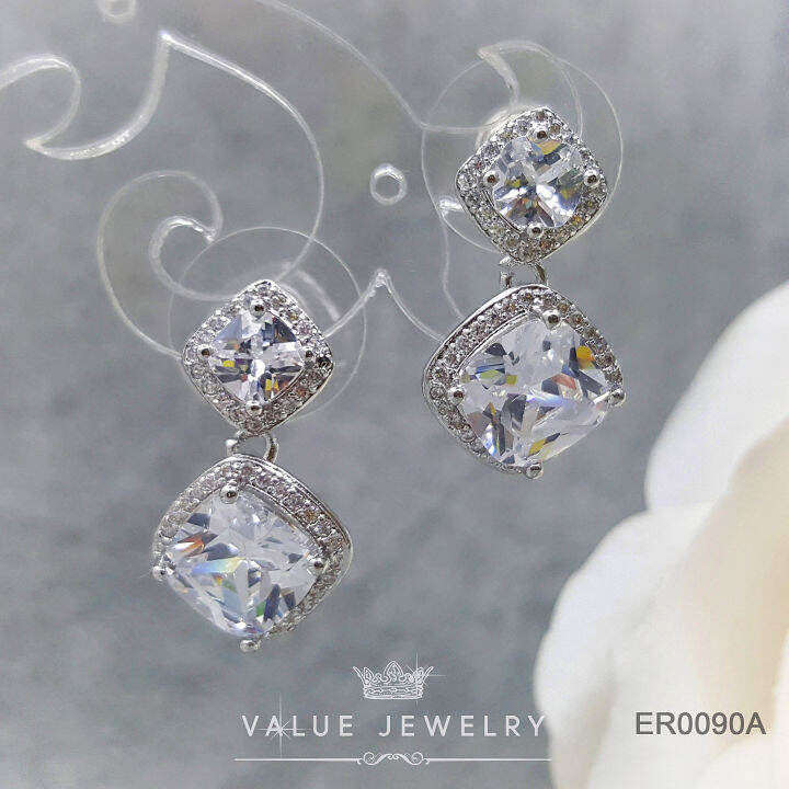 ต่างหู ติ้งคริสตัลทรงสี่เหลี่ยม Emerald คริสตัลแท้ สวยหรูเสมือนเพชร ต่างหู ตุ้มหู เครื่องประดับ ...