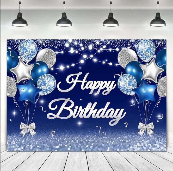 7x5ft Navy Blue Happy Birthday Decorations Backdrop Glitter Silver Blue Balloons for Child Men ...