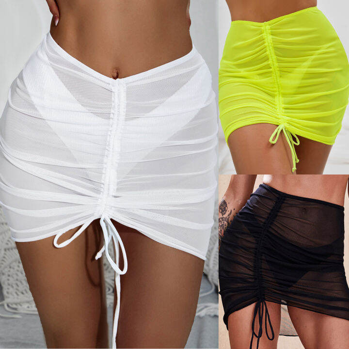 Sheer Cover Up Ruffle Drawstring Cover Wraps Skirt Beach Skirt Beach