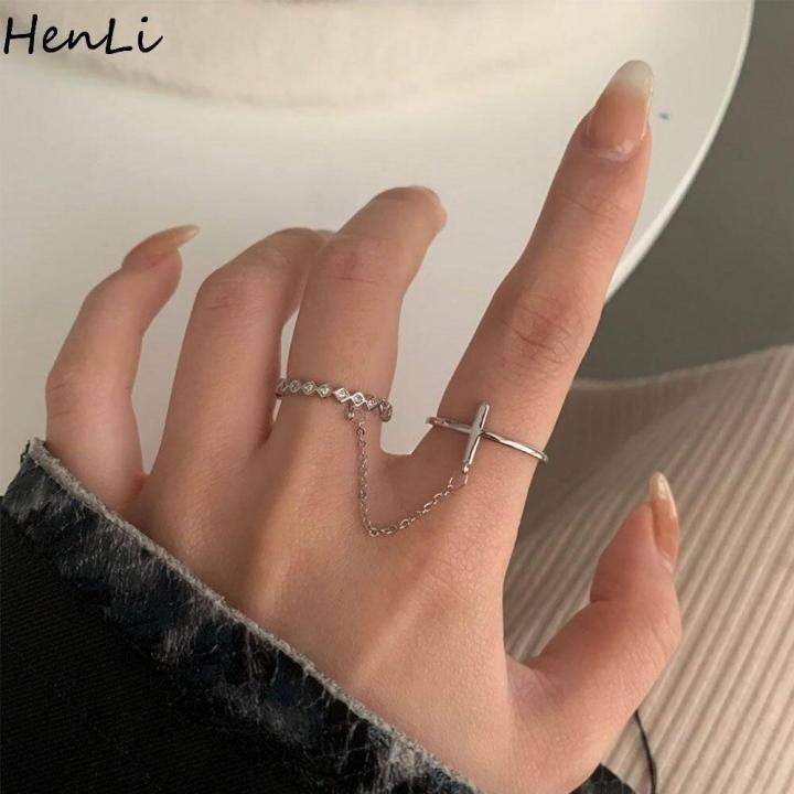 HENLI Ins Girl Light Luxury Minimalist Double Chain Adjustable Cross Finger Rings Korean Style ...