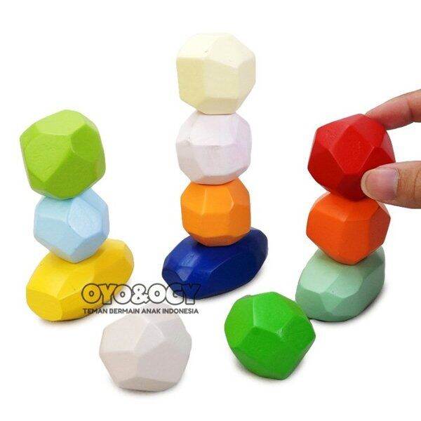 Mainan Kayu Edukasi Balok Susun Batu Balancing Stone Stacking Tower ...