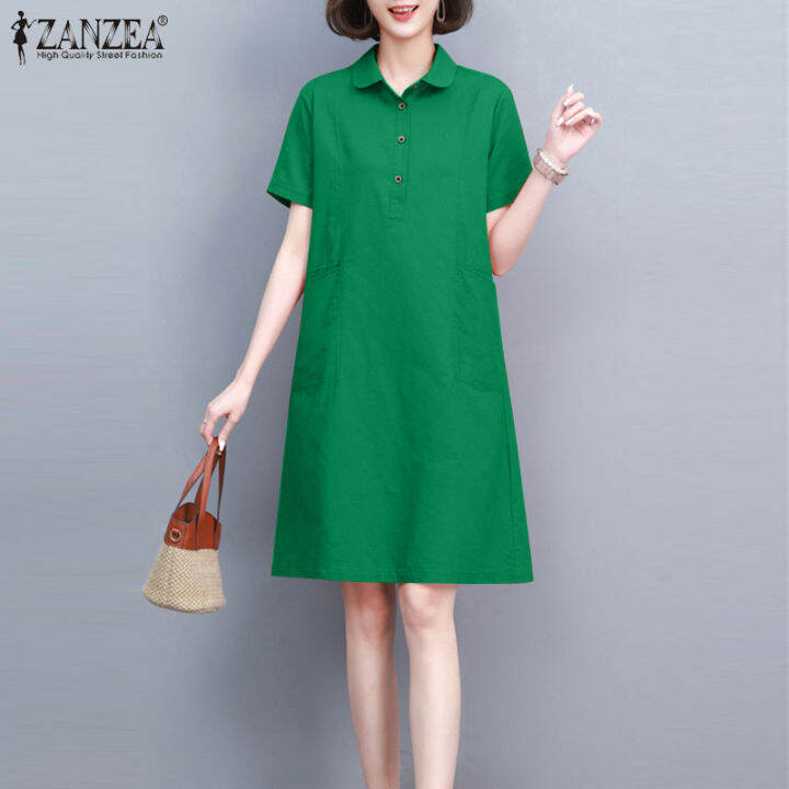 Zanzea Women Simple Loose Short Sleeve Midi Dress Vintage Turn Down