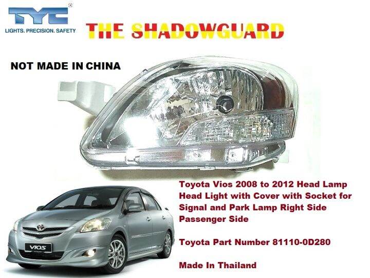 Toyota Vios 2008 to 2012 Head Lamp Head Light with Cover with Socket for Signal and Park Lamp ...