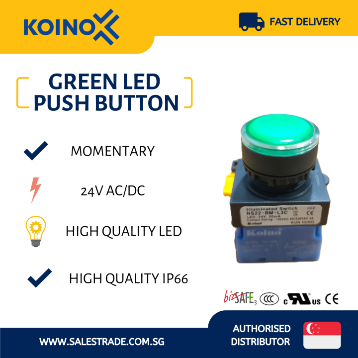 Koino LED Green Push button Switch, Illuminated momentary switch IP66 ...