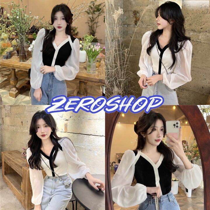 Zero shop🐰พร้อมส่ง🐰 (Zero-7263) เสื้อไหมพรมคอวี แขนยาวซีทรูเล็กๆ สไตล์สาวโคเรียน่ารัก | Lazada.co.th