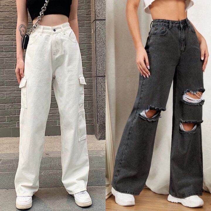 Dark/Black White Highwaist Denim Pants Wideleg Squarepants Baggy Jeans ...