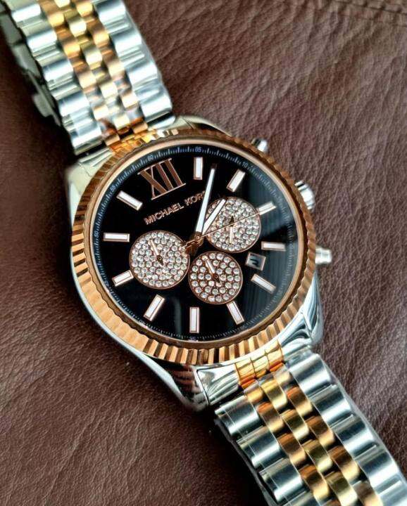 Michael Kors MK8714 Oversized Lexington Black Dial Fixed Gold Bezel Tri ...