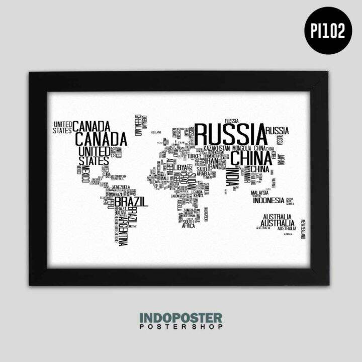 Poster Aesthetic World Map Peta Dunia Text Monochrome A3 45X30cm ...