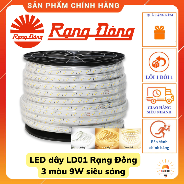 Đèn LED dây Rạng Đông 3 màu 9W siêu sáng, LD01 ĐM 1000/9W IP65, led dây trần thạch cao- Bảo hành ...