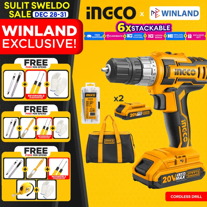 INGCO by Winland 20V Lithium-Ion Cordless Drill P20S POWERSHARE w/ Free ...