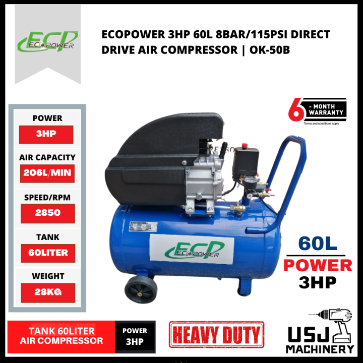 ECOPOWER 3HP 60L 8bar/115psi Direct Drive Air Compressor OK-50B - 6 ...