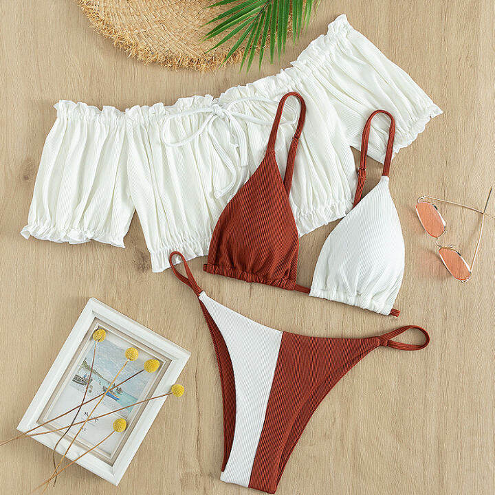 T2242 ชุดว่ายน้ำบิกินี่ ทูโทน เซ็ต 3 ชิ้น | Lazada.co.th