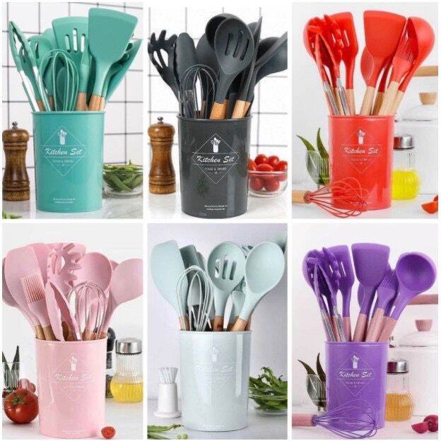 Set Spatula 12 in 1 Silikon Anti Panas Peralatan Masak Sutil karet alat ...