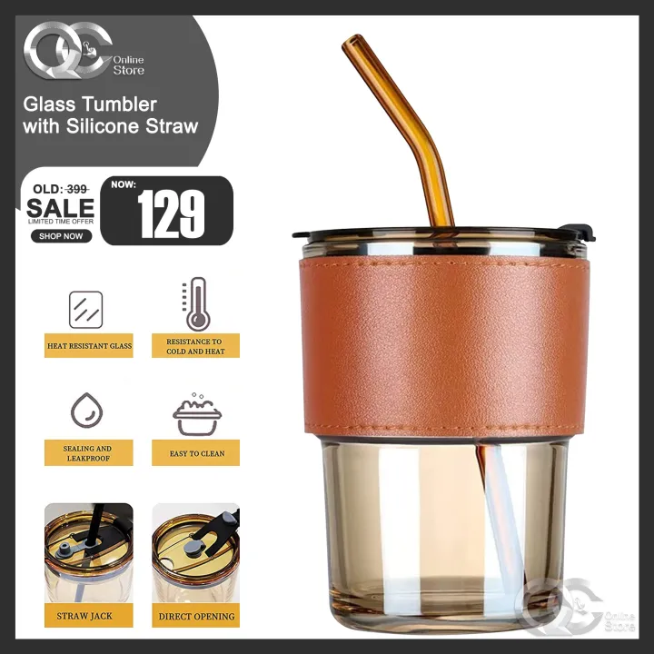 Glass Tumbler Mug with Lid, Straw and Protective Anti-Skid Leather ...