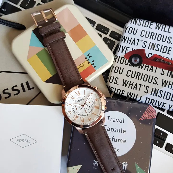 Authentic Fossil FS4991 Grant Chronograph Eggshell Dial Brown Leather ...